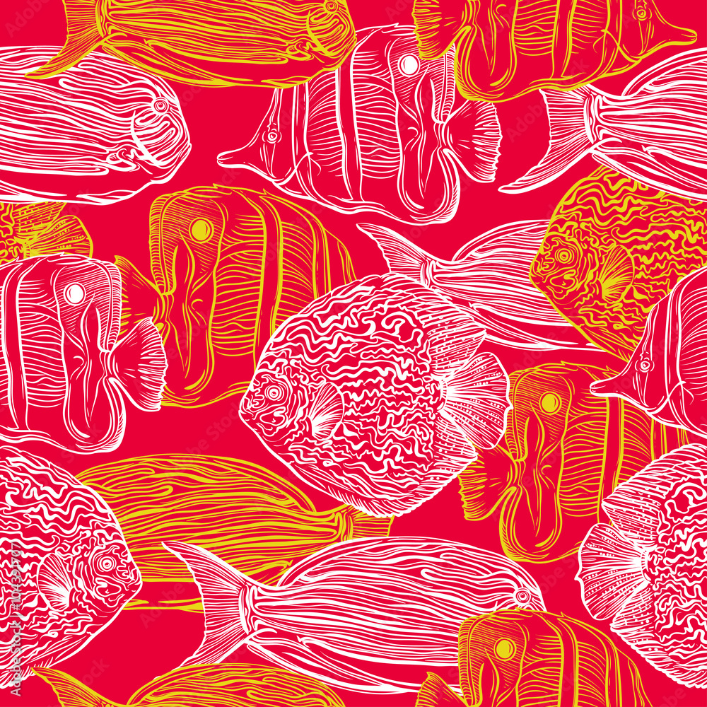 Seamless pattern with collection of tropical fish.Vintage set of hand ...