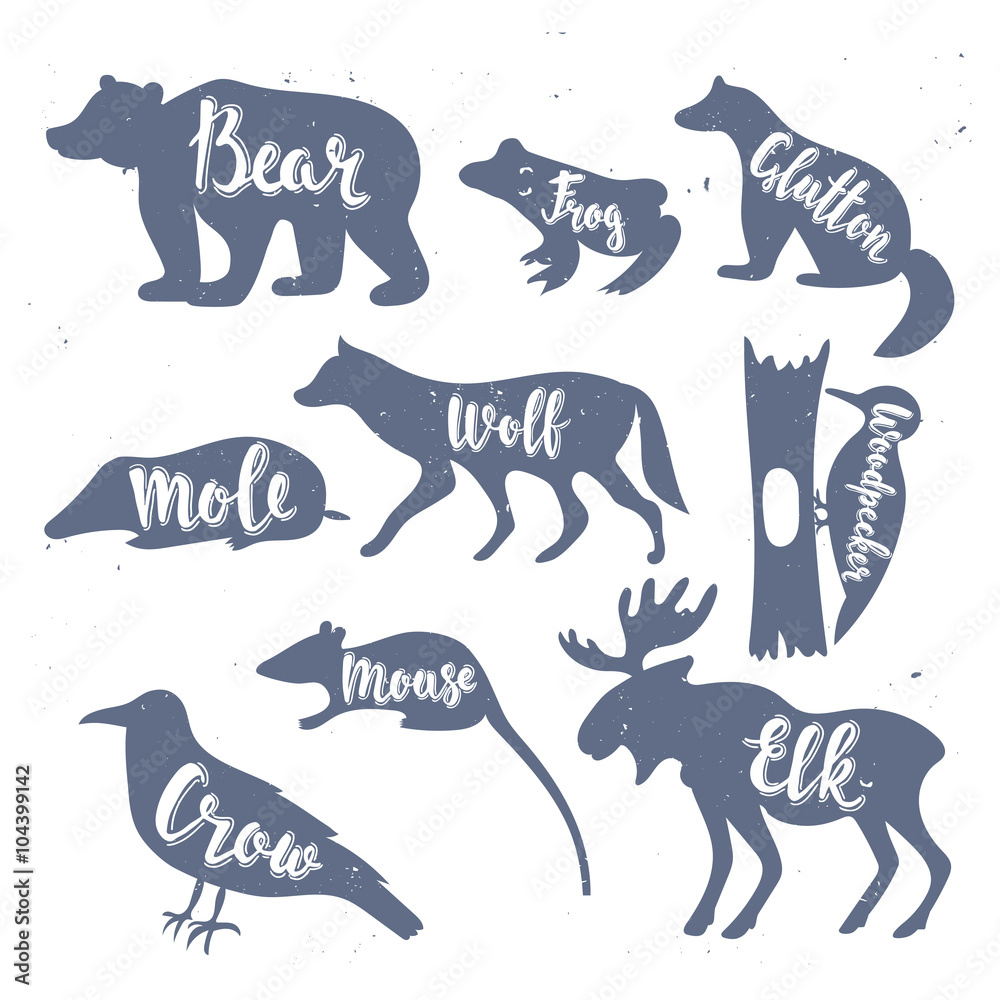 Wild animals isolated silhouettes with lettering Stock Vector | Adobe Stock