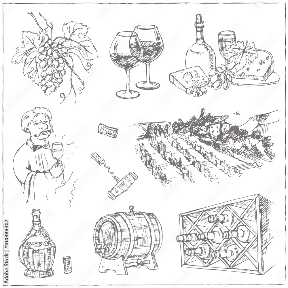 Set of wine drawings. Sketches. Hand-drawing. Vector illustratio Stock ...