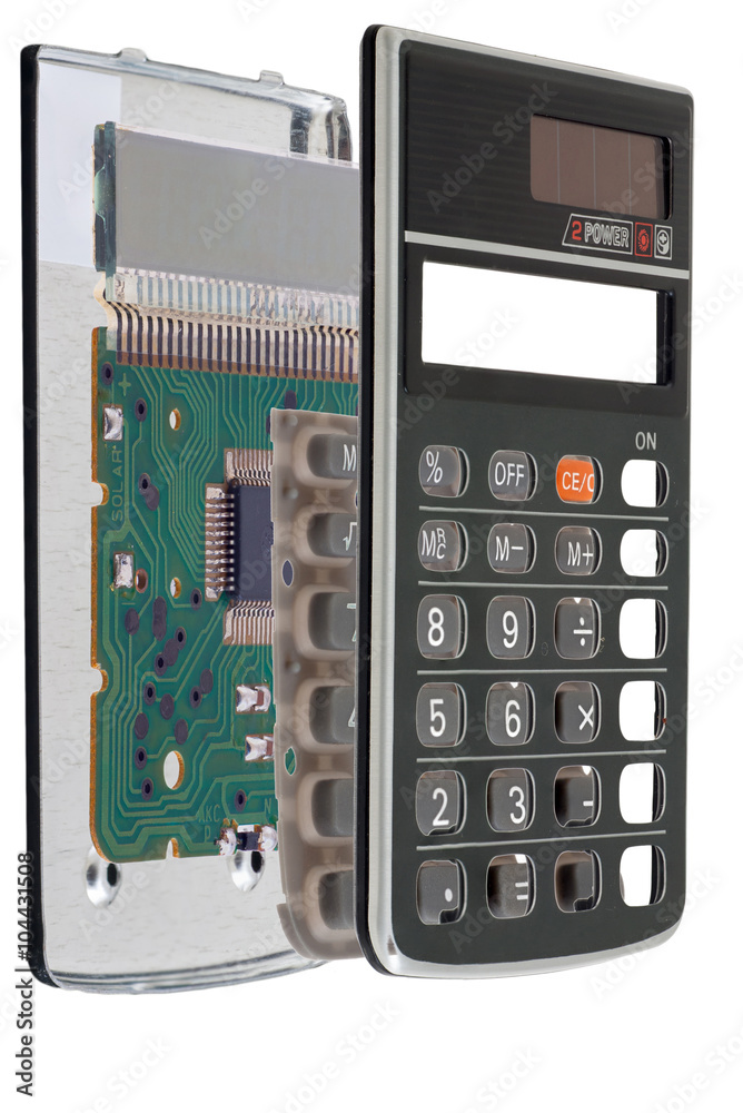 Calculator chip installed on integrated circuit, isolated on white ...