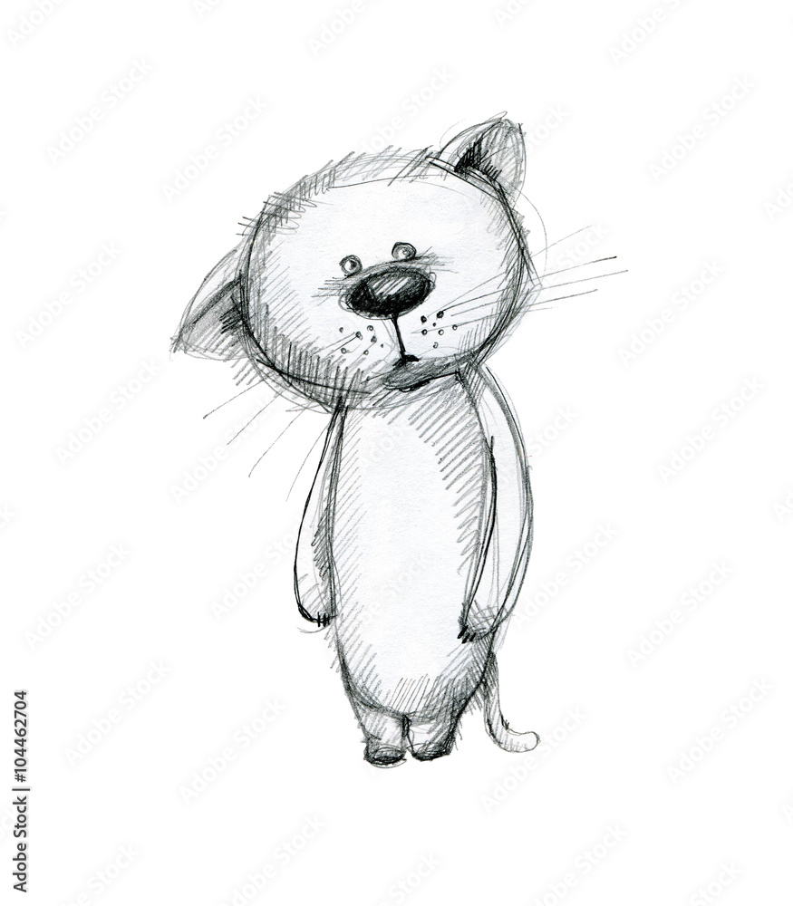 Cute pensive cat. Hand drawing sketch on white background. Stock ...