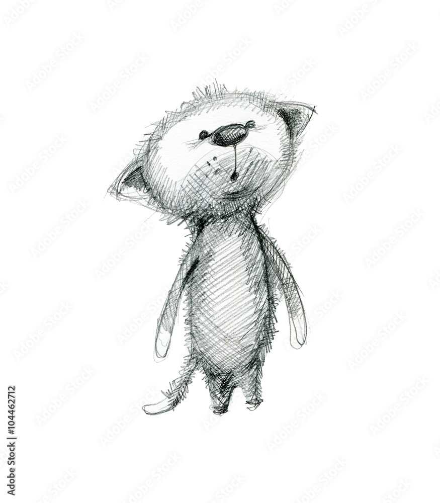 Cute surprised kitten. Hand drawing sketch on white background. Stock ...