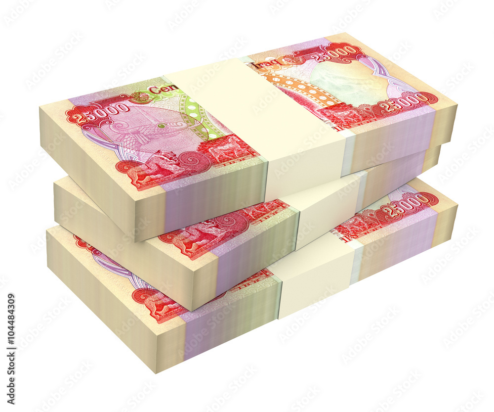 Iraqi dinars bills isolated on white background. Computer generated 3D ...