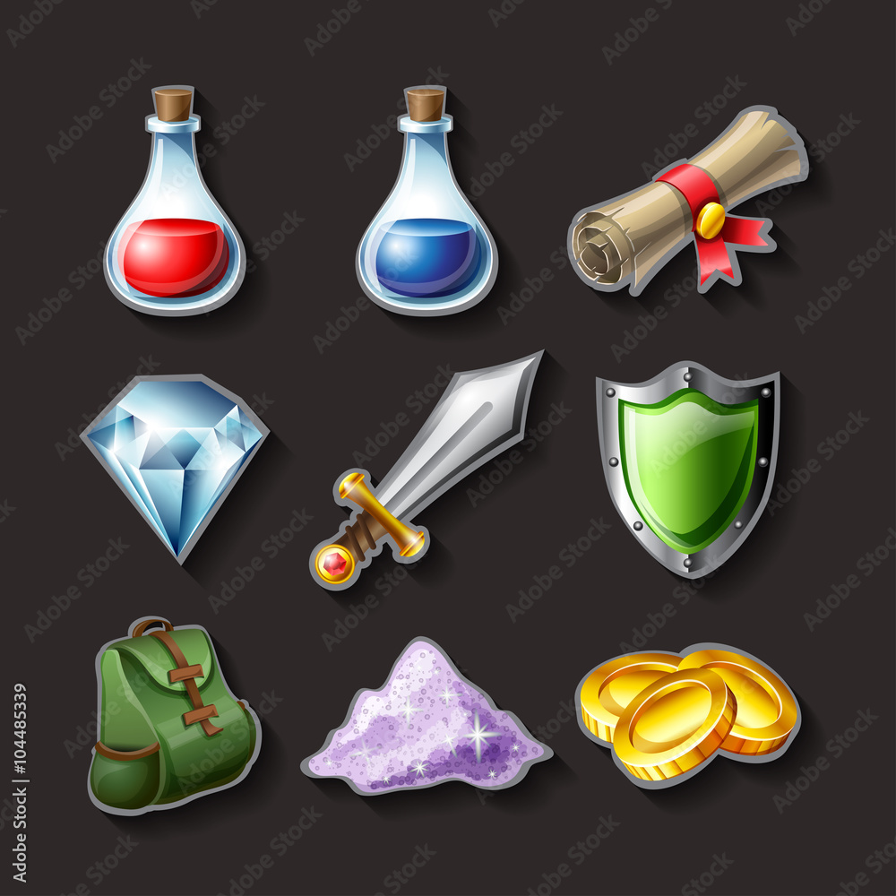 Icon set for fantasy adventure game, including potions, treasure, items ...