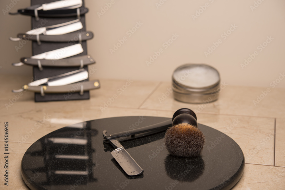 Mens traditional shaving equipment pictured on a reflective surface in ...