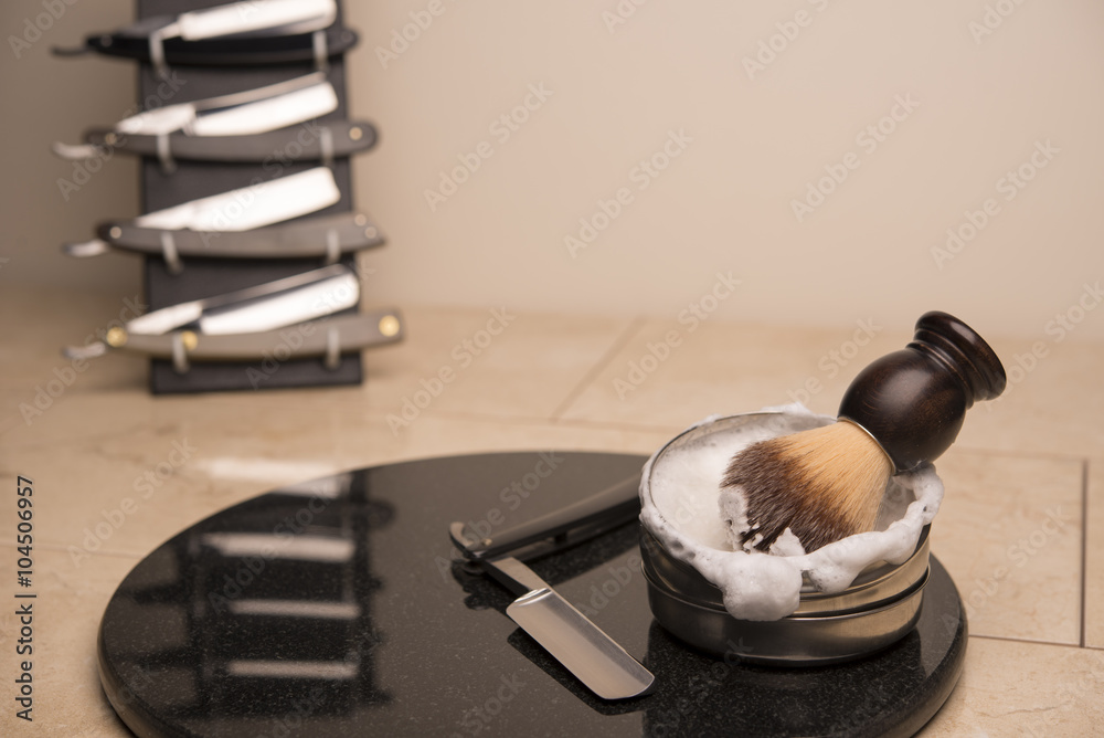 Mens traditional shaving equipment pictured on a reflective surface in ...