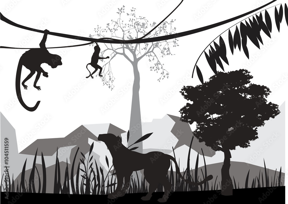 Jungle animals silhouettes vector illustration. Apes, leopard, tree ...