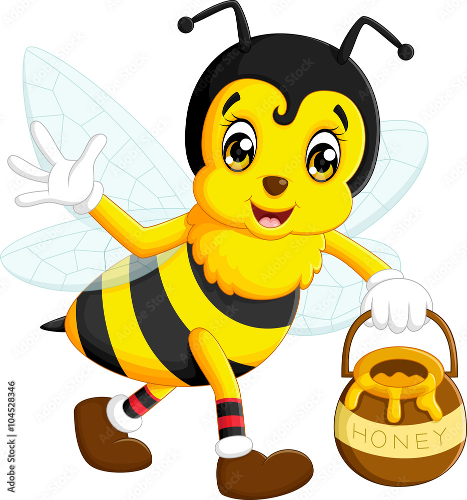 cartoon cute bee handling honey pot isolated white background. Stock ...