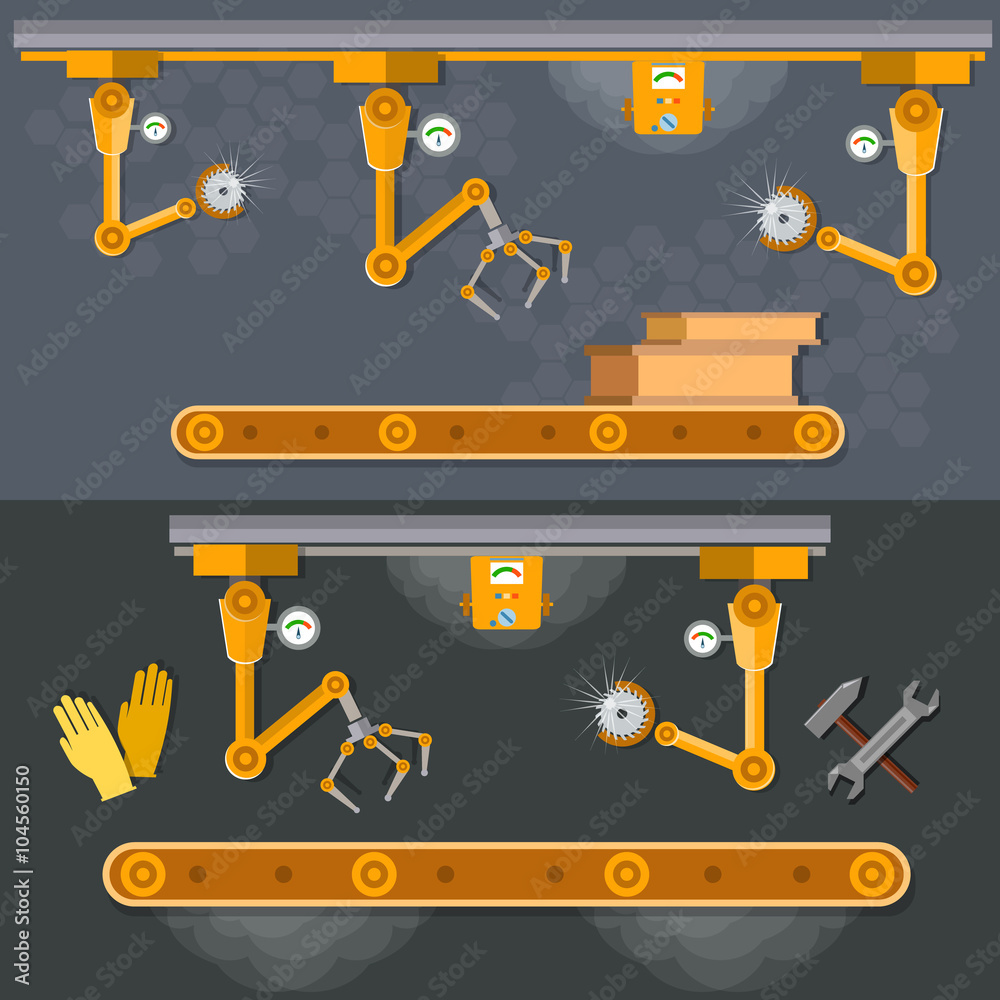 Conveyor banners automation of labor manipulators Stock Vector | Adobe ...