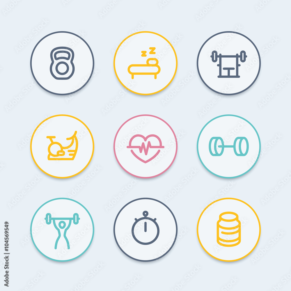 Fitness line icons, thick outline, fit and active lifestyle, workout ...