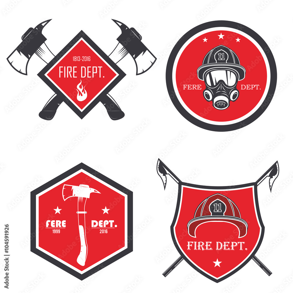 Set of firefighter emblems, labels, badges and logos on light ...