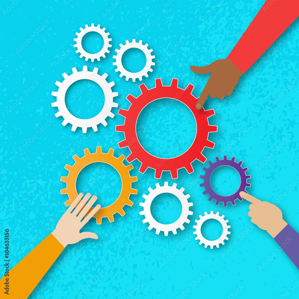 People hands hold colorful gears - mechanism system.Cogwheels.Three ...