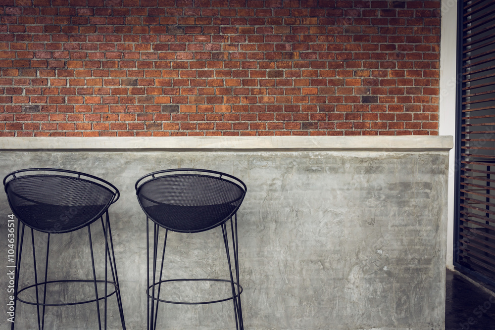 design of interior, counter bar made from cement with iron seat Stock ...