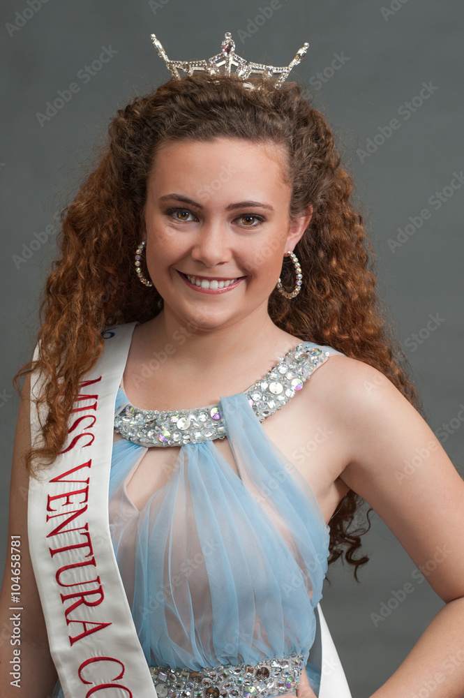 Head shot of pageant queen smiling wearing her sash and crown. Stock ...