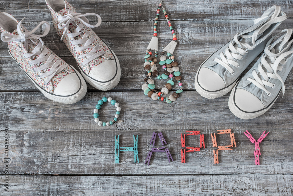 Vintage still life of random objects woman/girl.Happy concept Stock ...