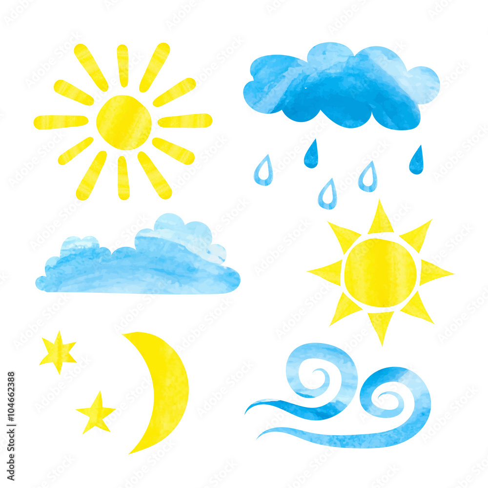 Set of watercolor weather icons. Watercolor sun, clouds, moon, stars ...