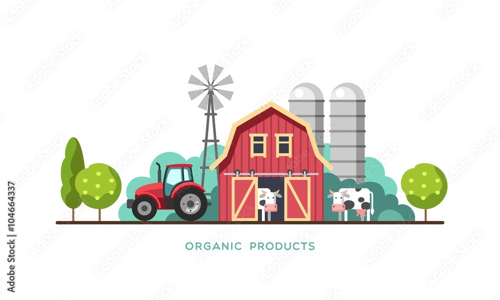 Farming background with barn, windmill, tractor and cows. Organic ...
