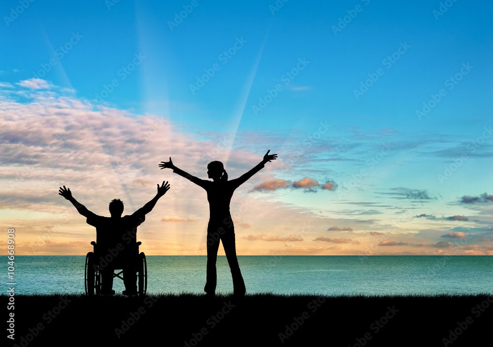 Silhouette happy disabled person and guardian Stock Photo | Adobe Stock