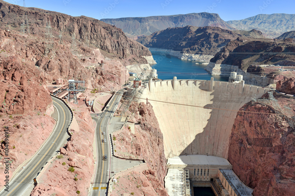 Hoover Dam, a massive hydroelectric engineering landmark located on the ...