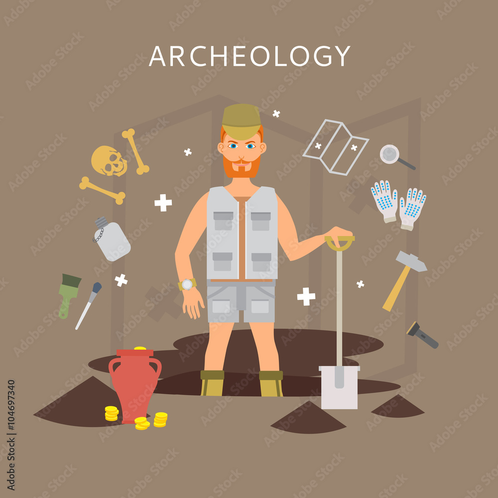 Archeology vector flat illustrations. Archaeologist, map, magnifier ...
