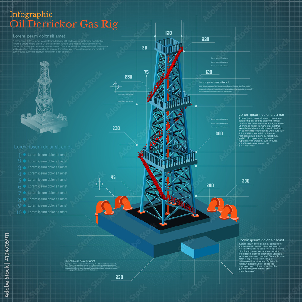 plan-drawing oil derrick tower or gas rig infographic on blue scheme ...