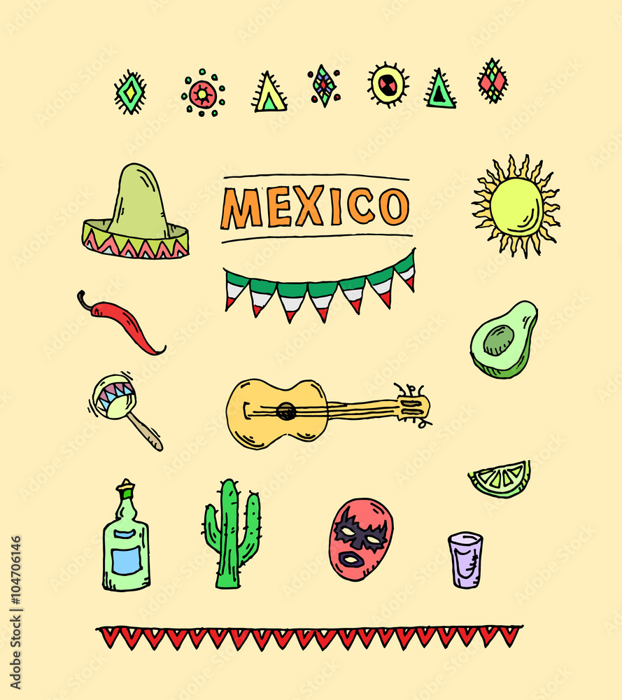 Hand drawn vector set of mexican symbols Stock Vector | Adobe Stock