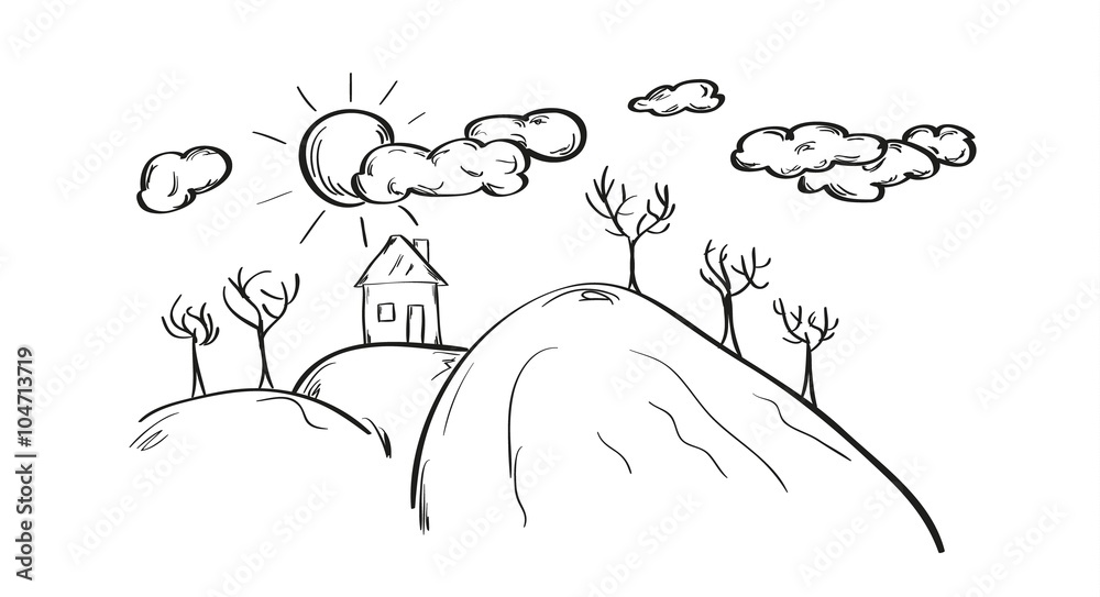 sketch of the house on hill Stock Vector | Adobe Stock