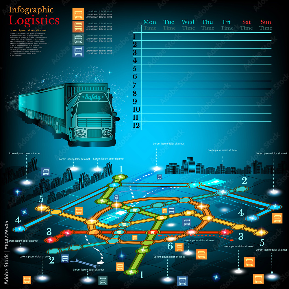 Logistics infographic with lines of delivery on city map. Topography ...