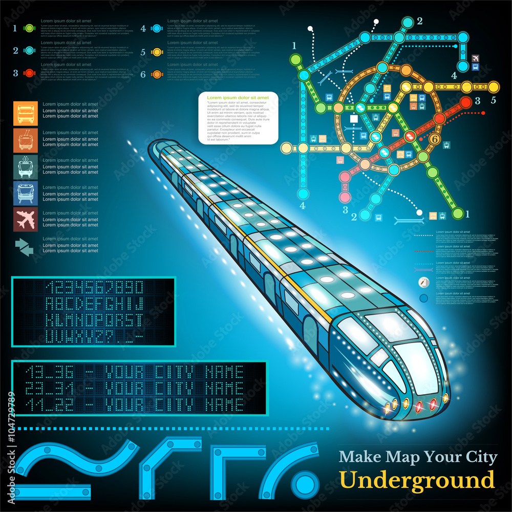 Underground infographic with sample lines of metro and map. Sample ...