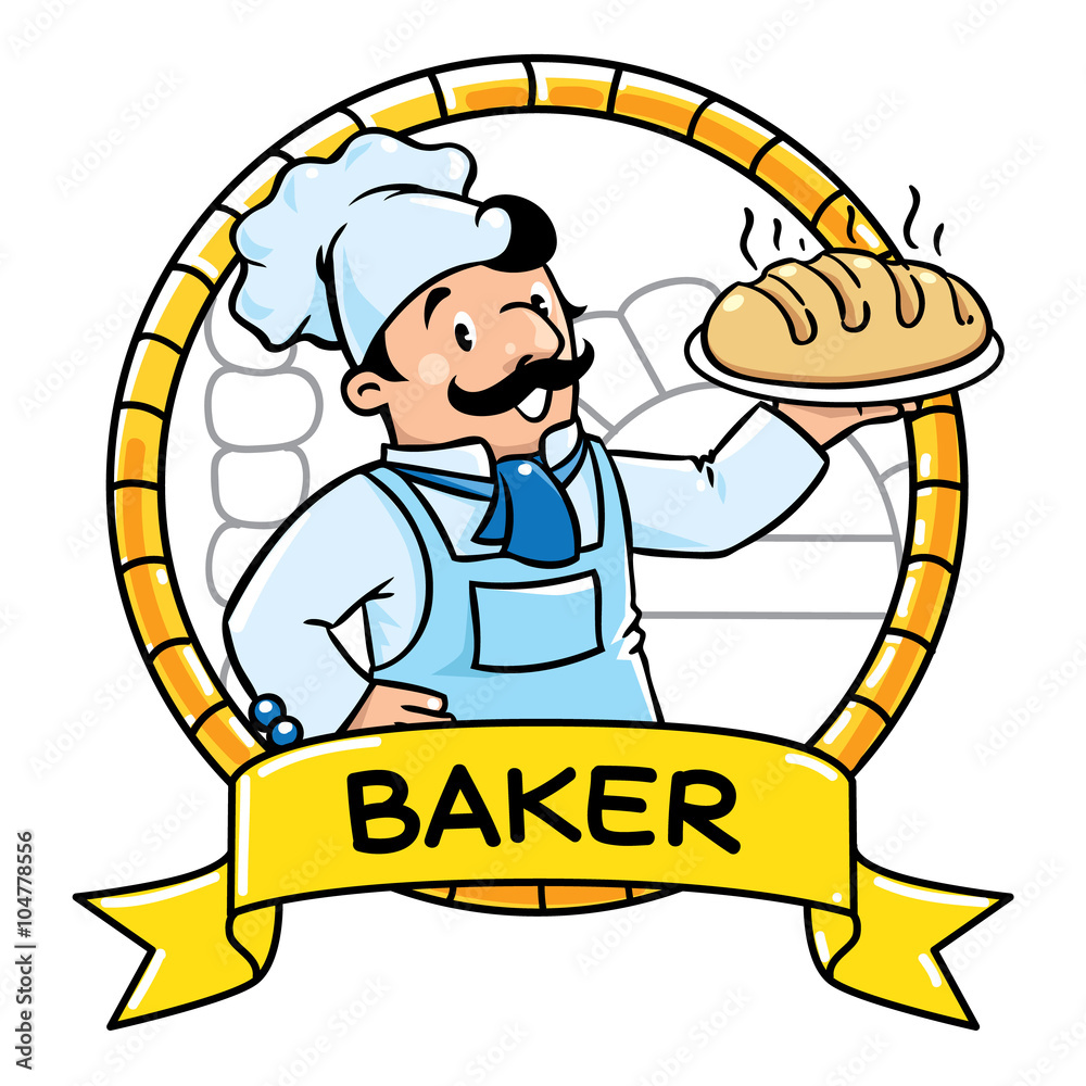 Emblem of funny cook or chef or baker with bread, in round frame with ...