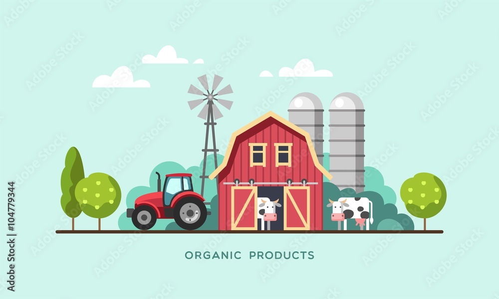 Farming background with barn, windmill, tractor and cows. Organic ...