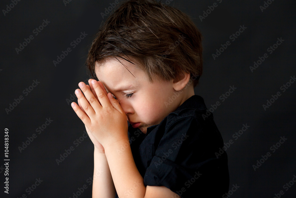 Little boy praying, child praying, isolated background Stock Photo ...