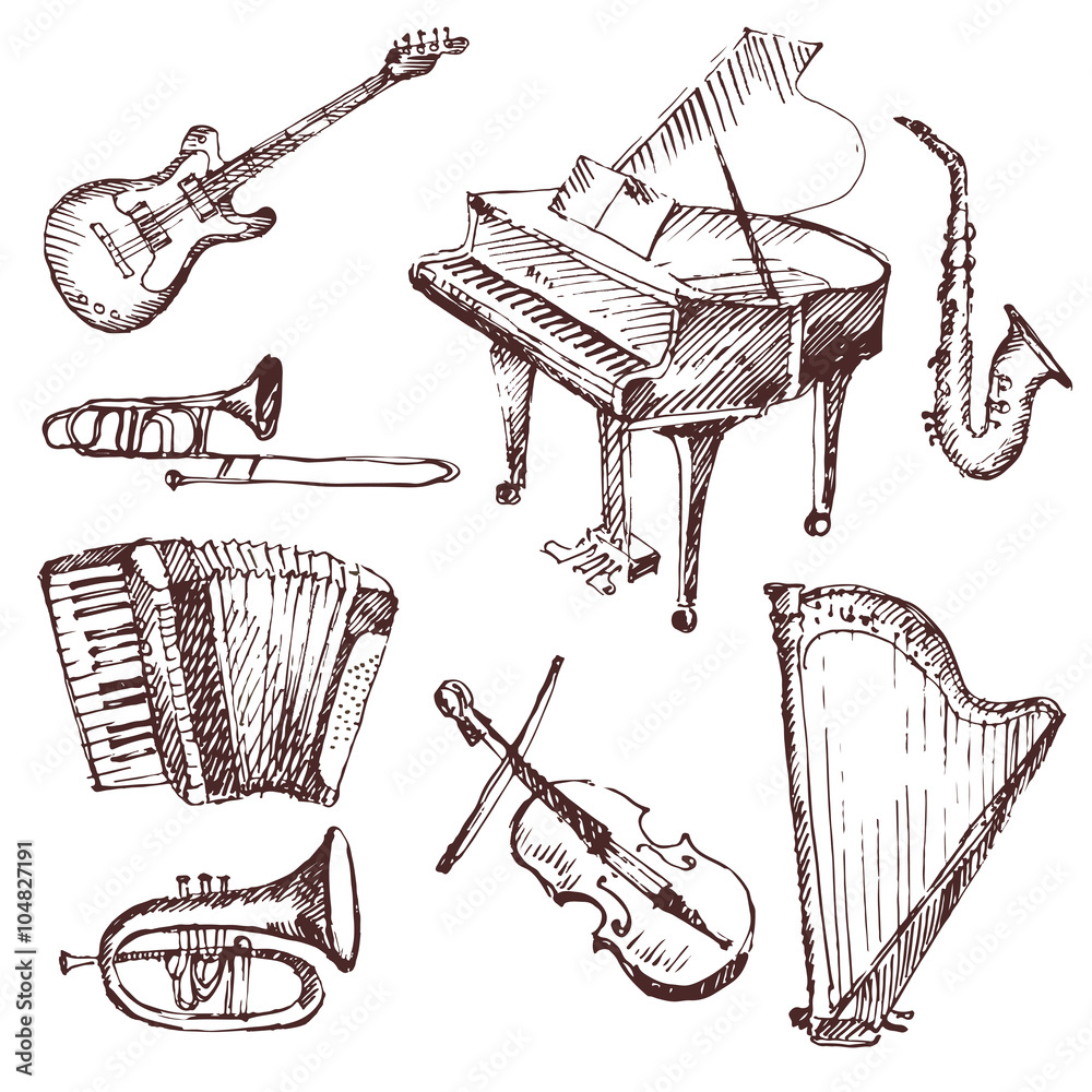 Hand drawn musical instruments. Sketch. Vector illustration. Stock ...