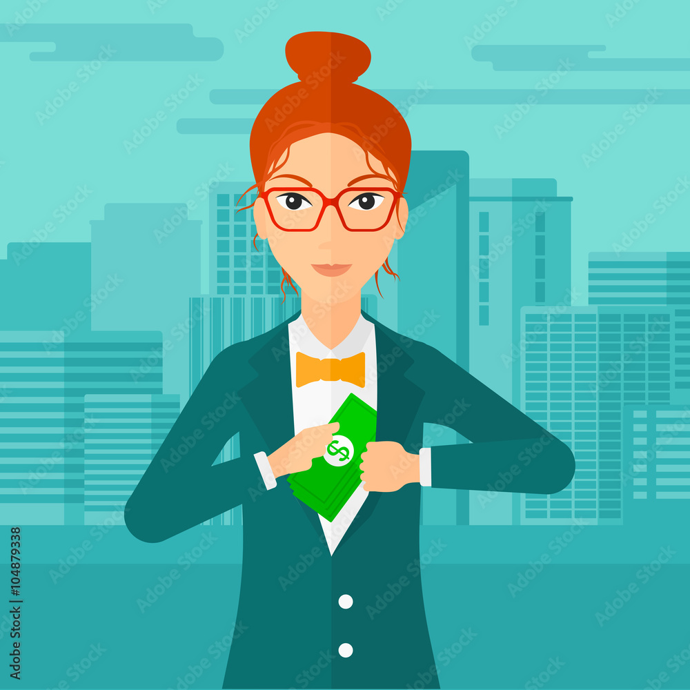 Woman putting money in pocket. Stock Vector | Adobe Stock