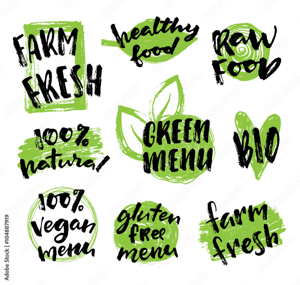 Labels with vegetarian, farm fresh and raw food diet designs. Organic ...