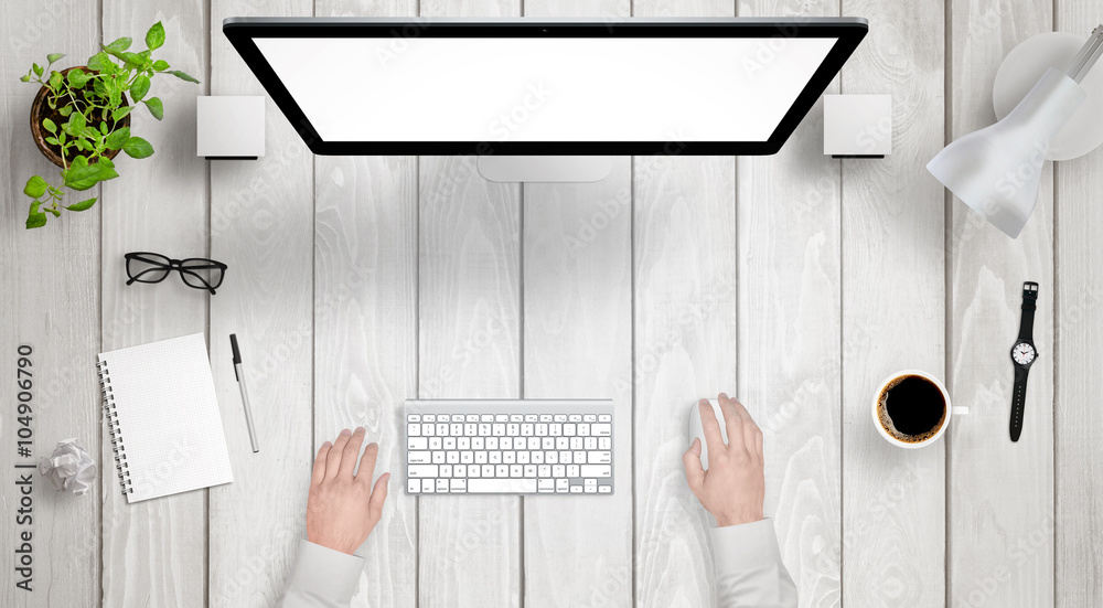 Modern desk with isolated computer display top view. Designer works ...