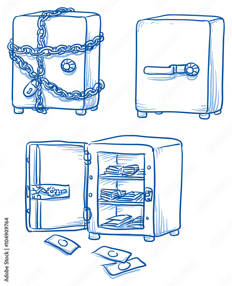 Safe boxes open and closed, locked with chains, open with money. Hand ...