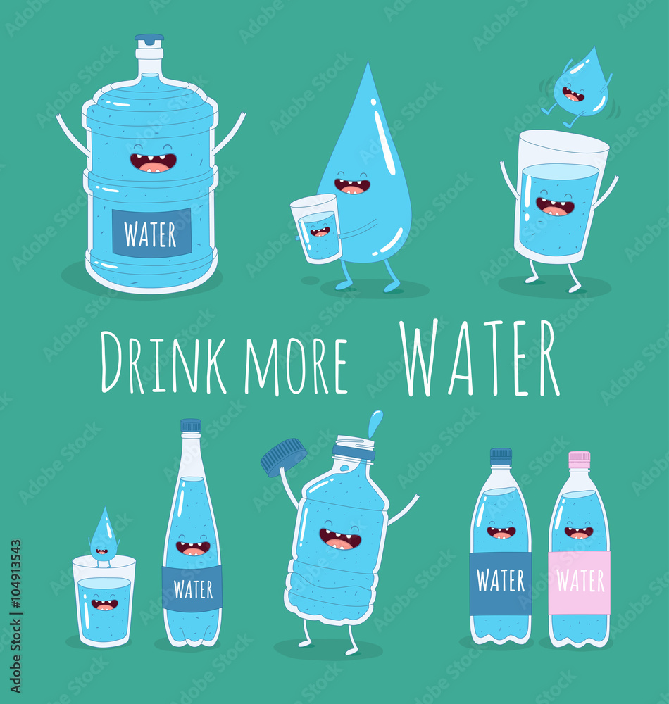 Water set. Funny big and small bottle of water, glass of water and drop ...
