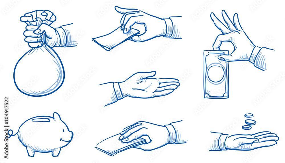 Set of hands holding money, take or give coins and notes. Hand drawn ...