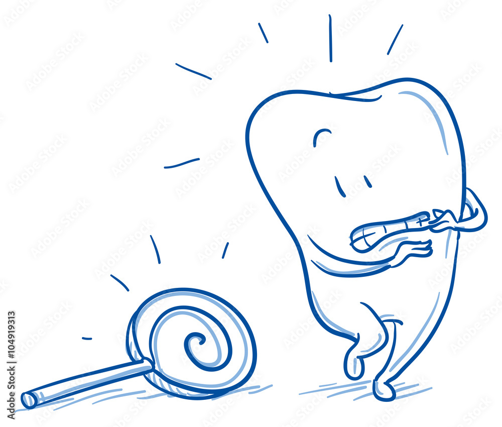 Cute cartoon tooth being afraid of candy, sensitive teeth. Hand drawn ...