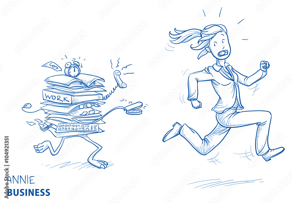 Young woman in business clothes being chased by her work as a monster ...