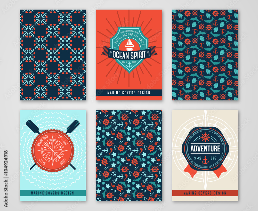 Summer Sea Cards with Patterns of Marine Symbols and Labels. Stock ...