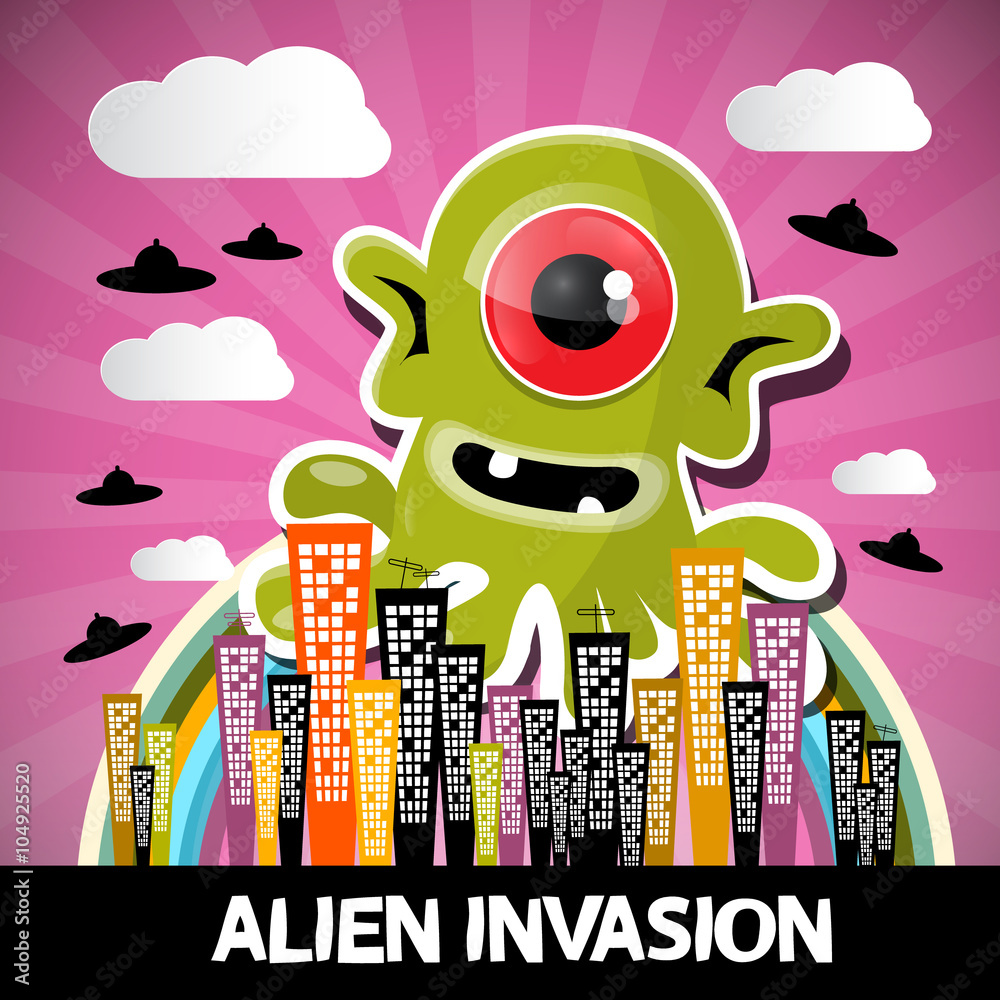 Alien Invasion Vector Cartoon with Big Green Monster and Abstract City ...