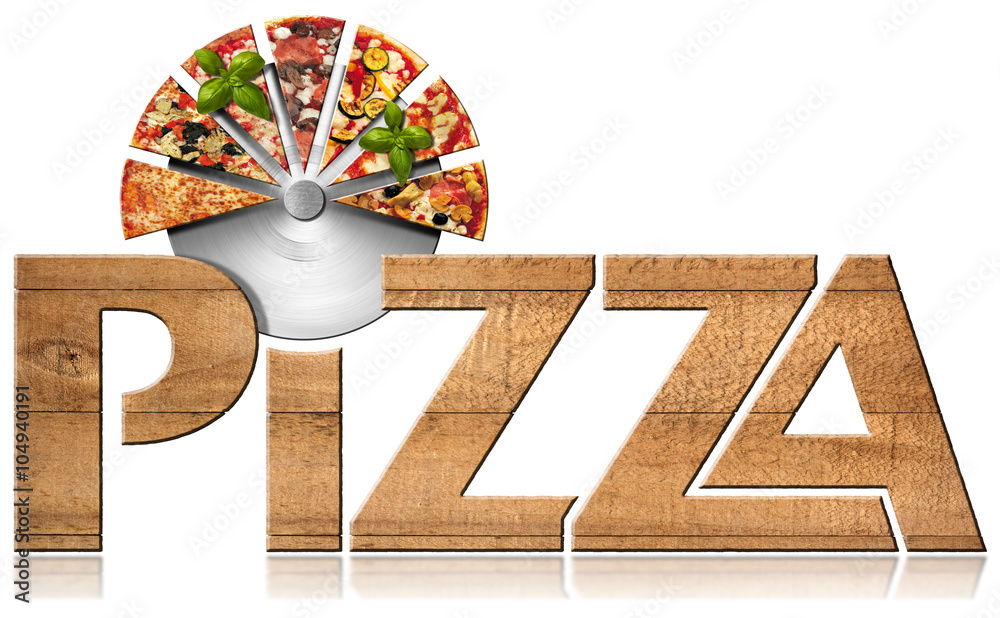 Pizza - Wooden Symbol with Slices of Pizza / Wooden icon or symbol with ...