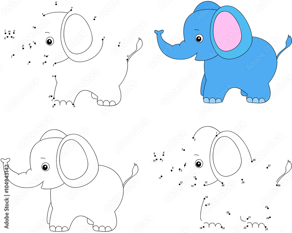 Cartoon elephant. Coloring book and dot to dot game for kids Stock ...