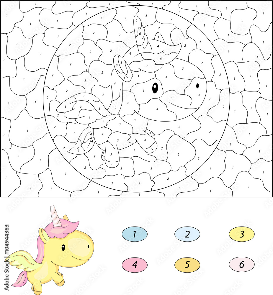 Cartoon unicorn. Color by number educational game for kids Stock Vector ...