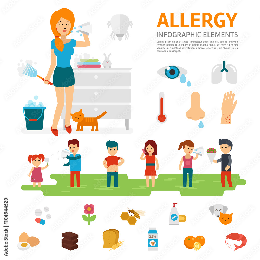 Allergy infographic elements vector flat design illustration. Woman ...