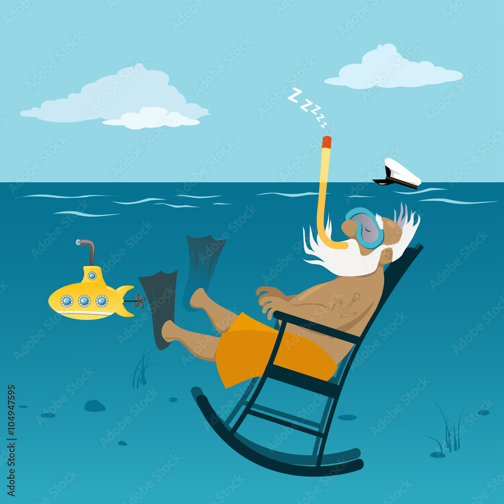 Retired old sea captain relaxing in a rocking chair underwater ...