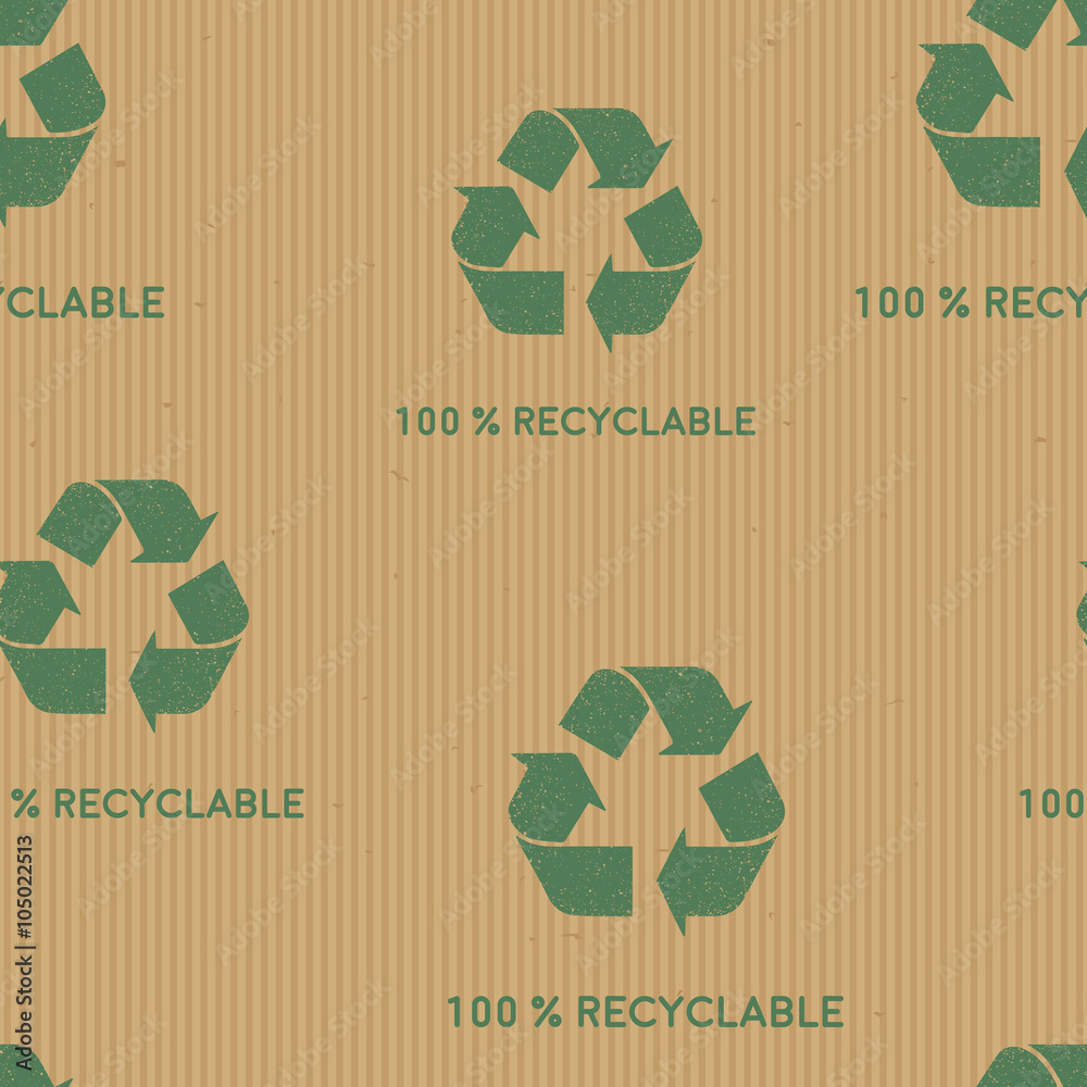 Seamless texture kraft paper with green recycle sign. Vector kraft ...