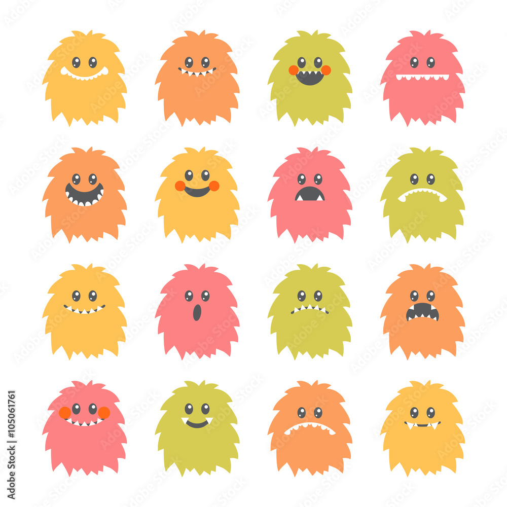 Set of cartoon smiley monsters. Collection of different cute flu Stock ...
